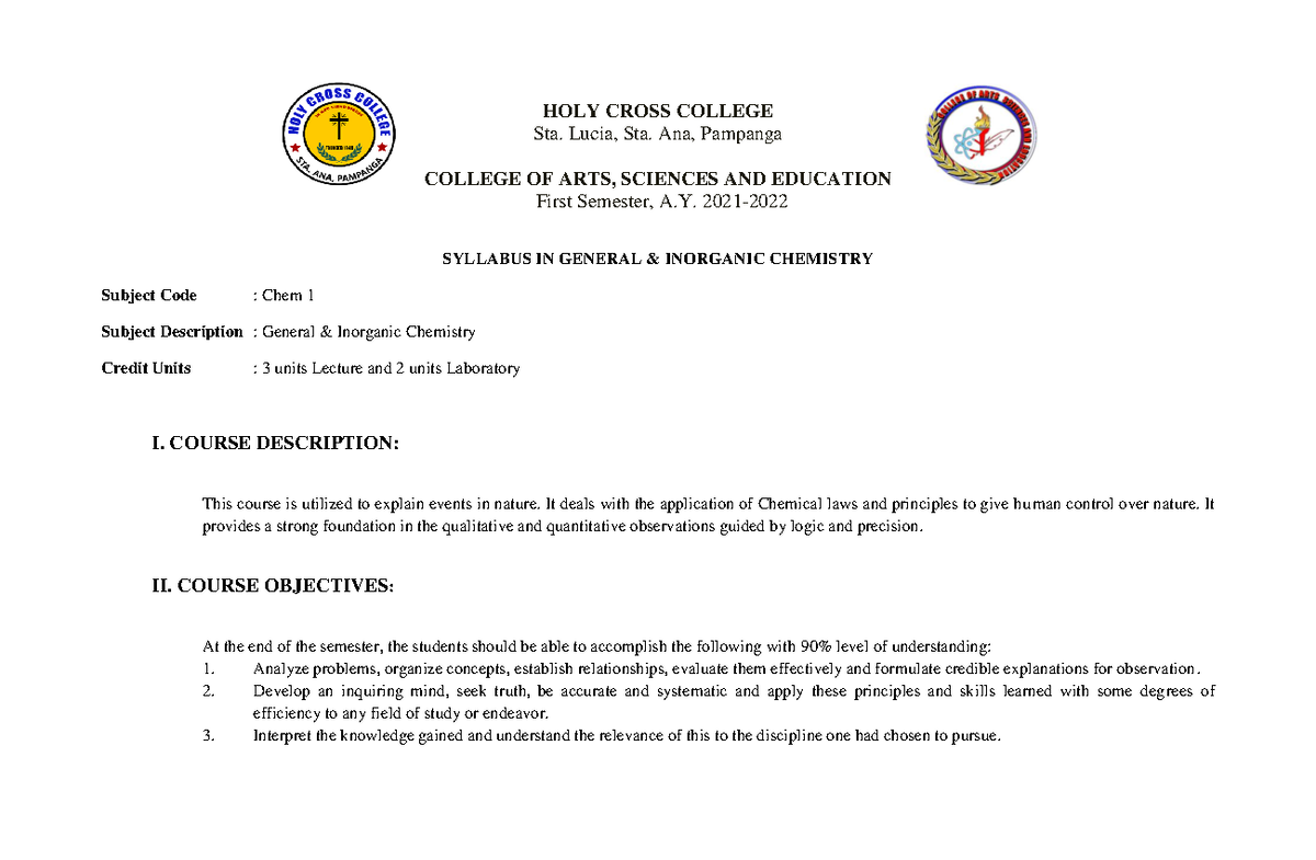 Chem 1 Syllabus: General & Inorganic Chemistry Overview - Studocu