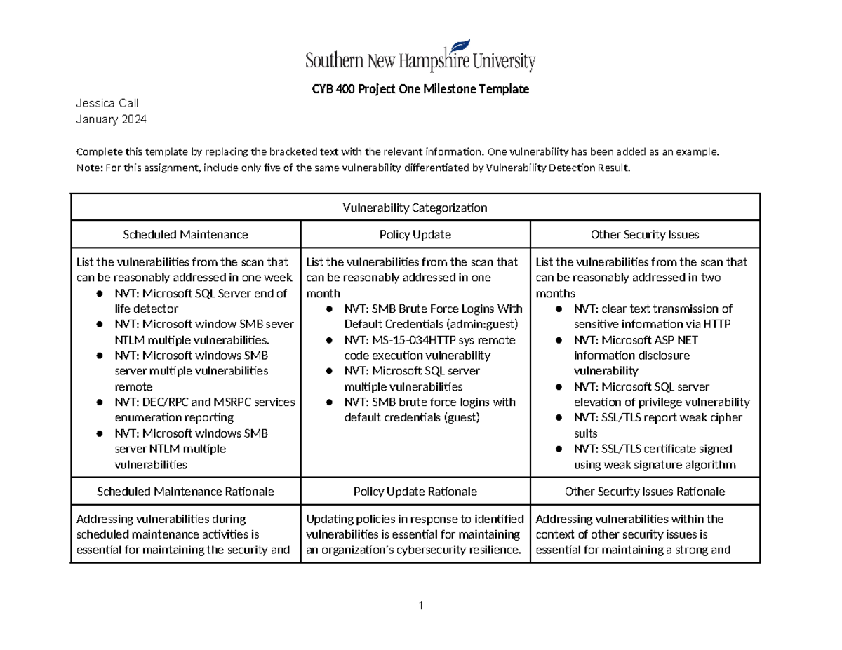 CYB 400 Project One Vulnerability Management Template - Studocu