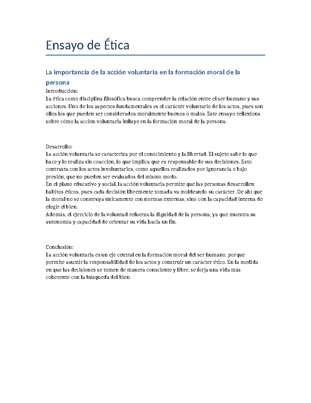 Ensayo de Ética: La Acción Voluntaria y la Moralidad - Studocu