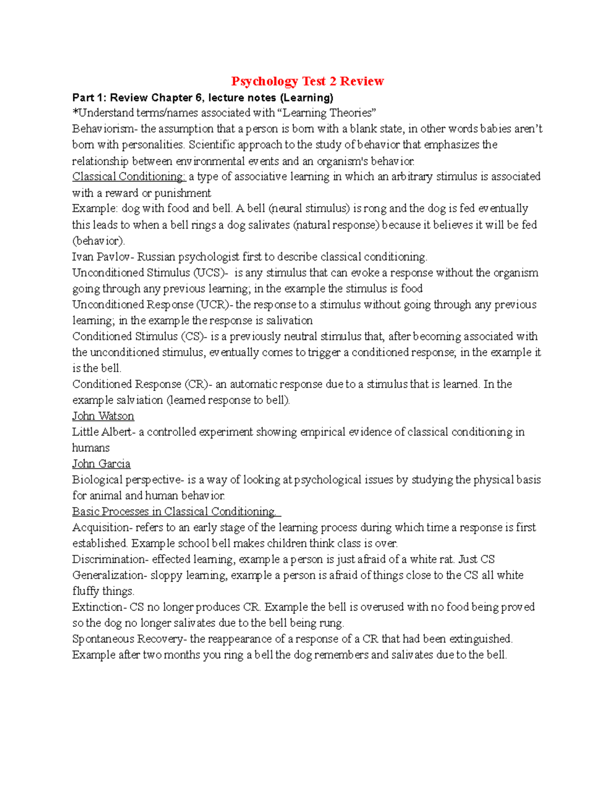 Psychology Test 2 Review: Learning Theories & Memory Concepts - Studocu