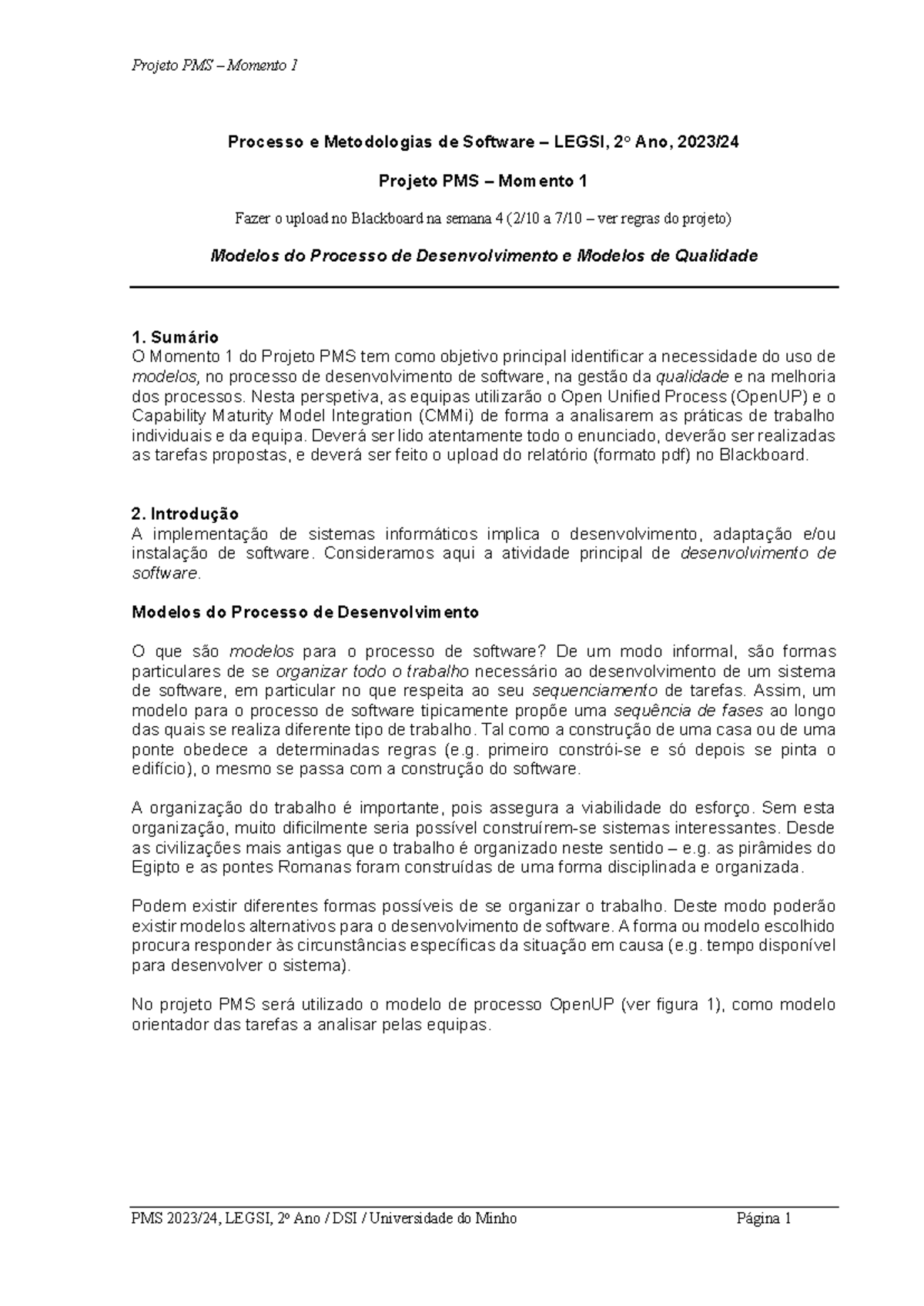 Enunciado.M1. PMS 2023 - Processo e Metodologias de Software – LEGSI ...