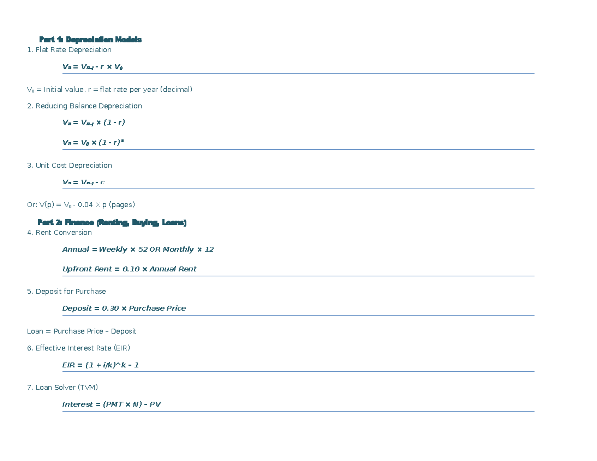 Maths Formula Cheat Sheet: Depreciation & Finance Models - Studocu