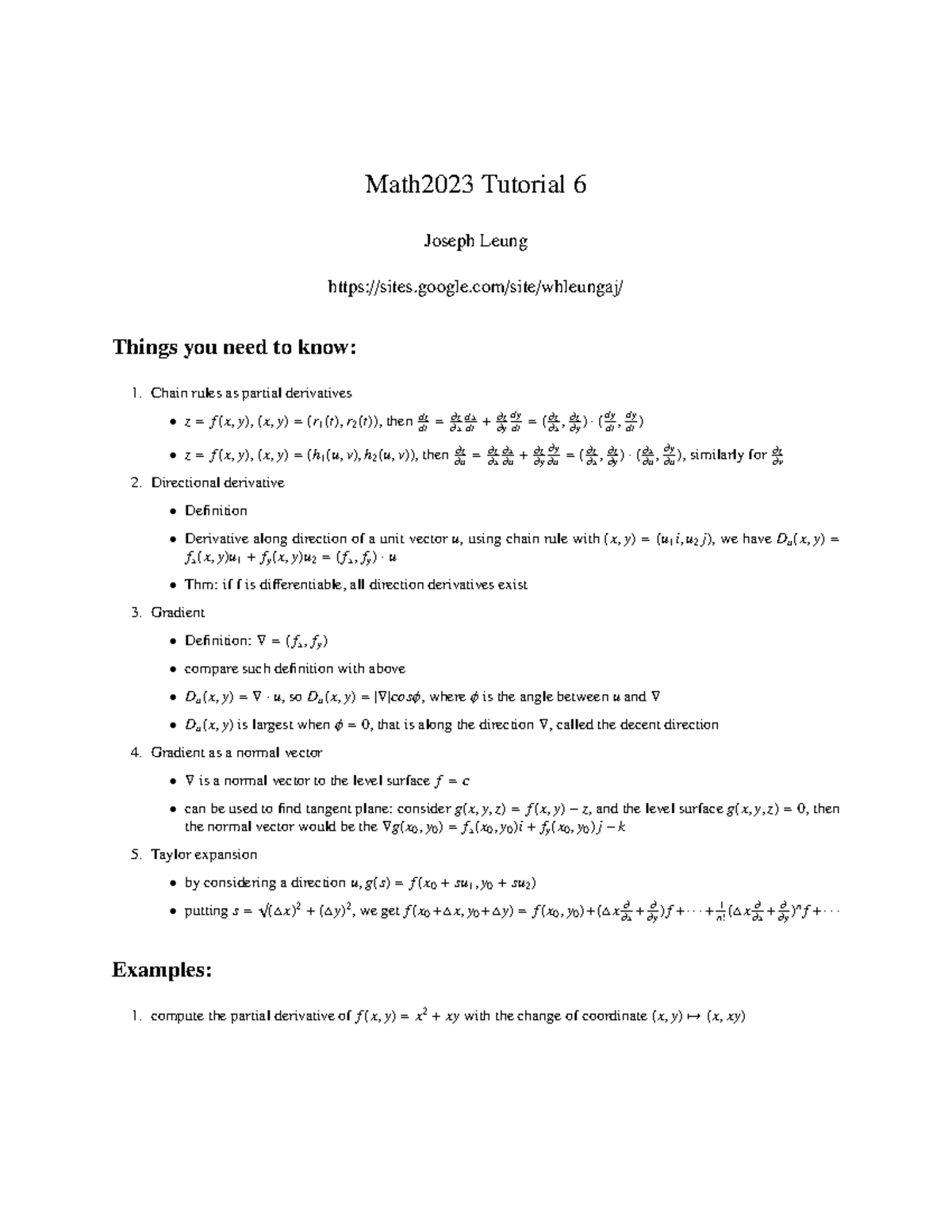 Math 2023 Tutorial 6: Chain Rules, Gradients, and Derivatives - Studocu