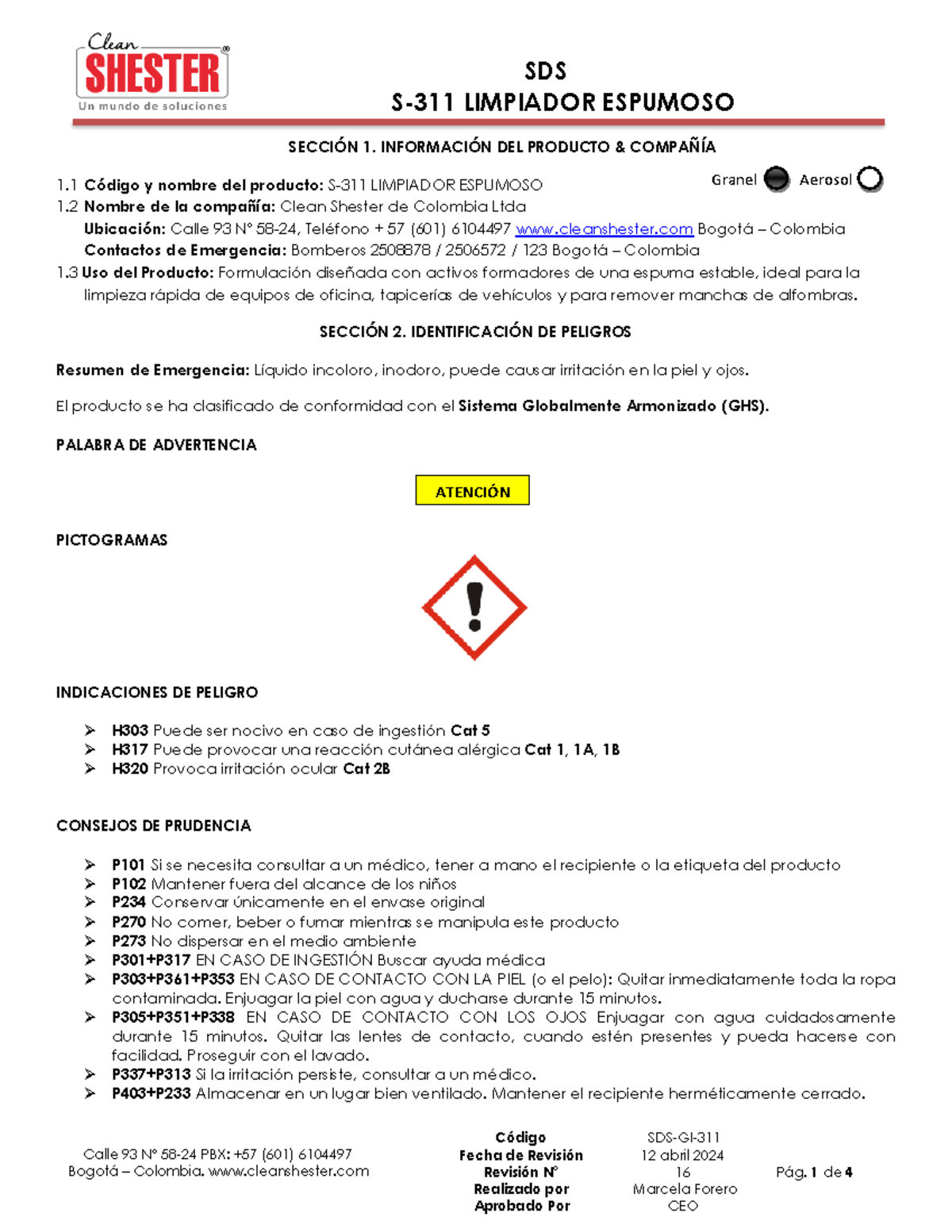SDS 311 - Ficha de Seguridad para Limpiador Espumoso - Studocu