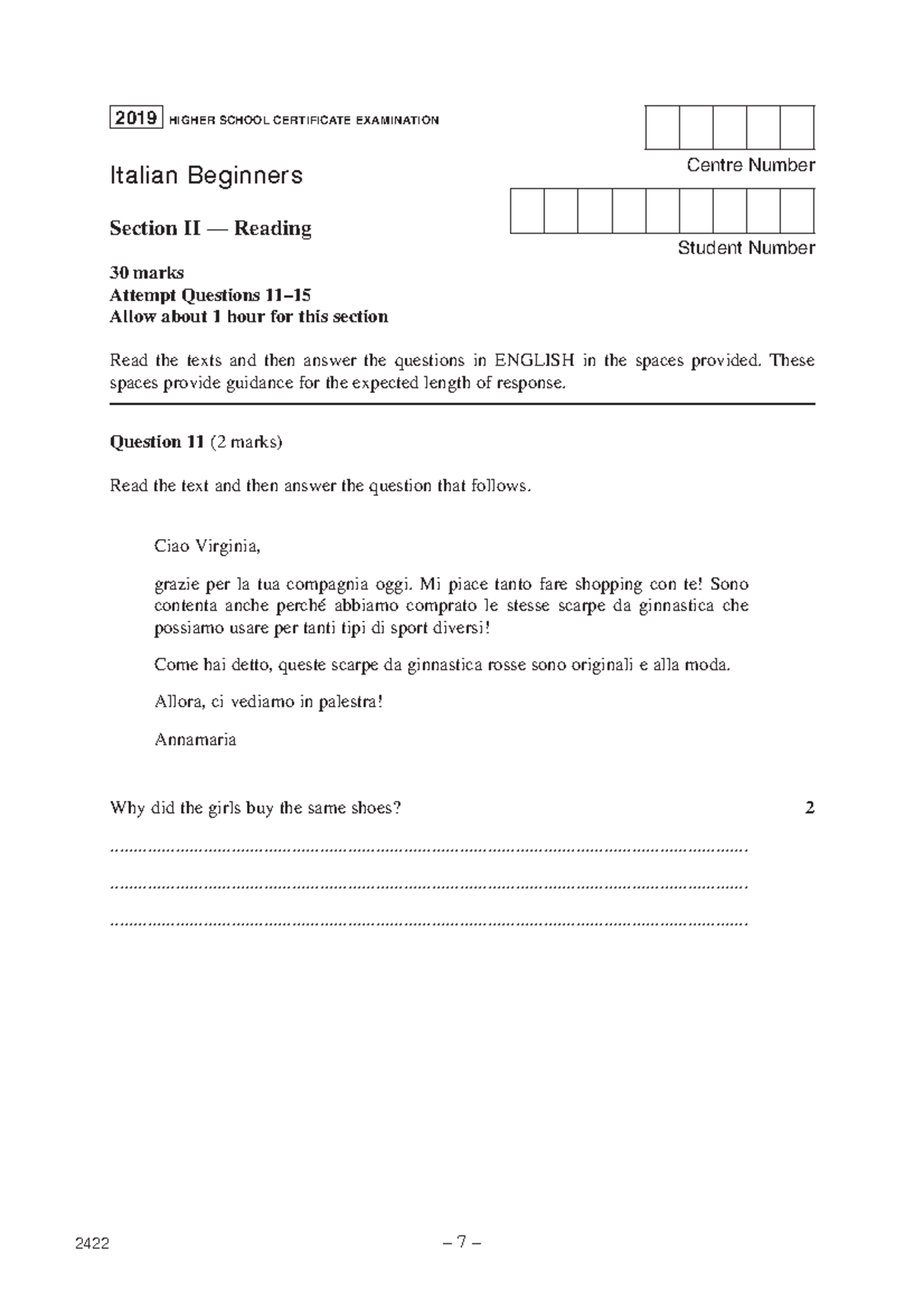 2019 HSC Italian Beginners Exam: Section II Reading Analysis - Studocu