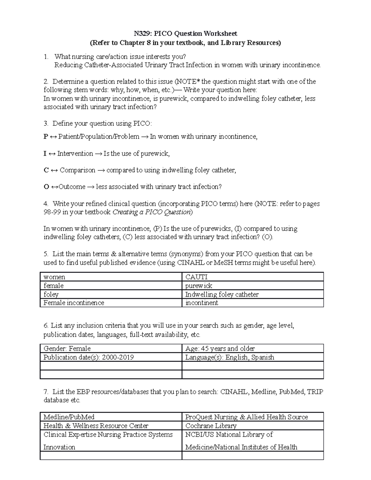 N329: PICO Worksheet for Reducing CAUTI in Women with Incontinence ...