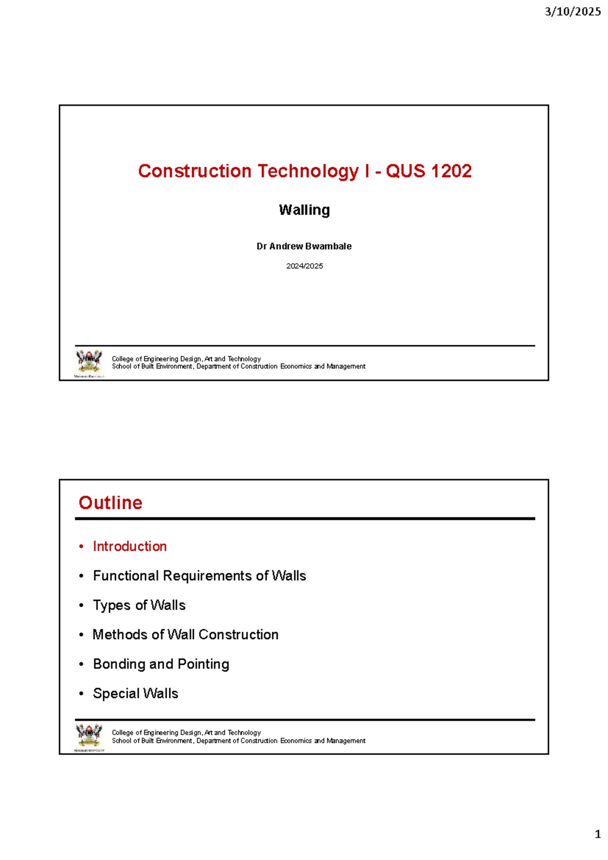 QUS 1202 Lecture 5: Comprehensive Overview of Walling Techniques - Studocu