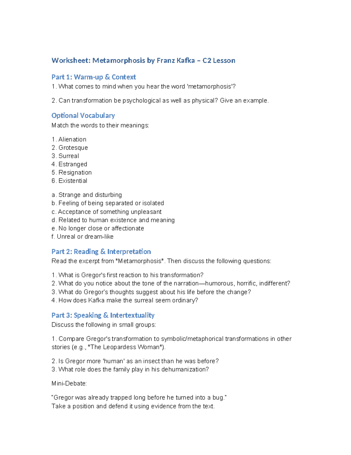 Metamorphosis Worksheet C2: Context, Reading, and Discussion Guide ...