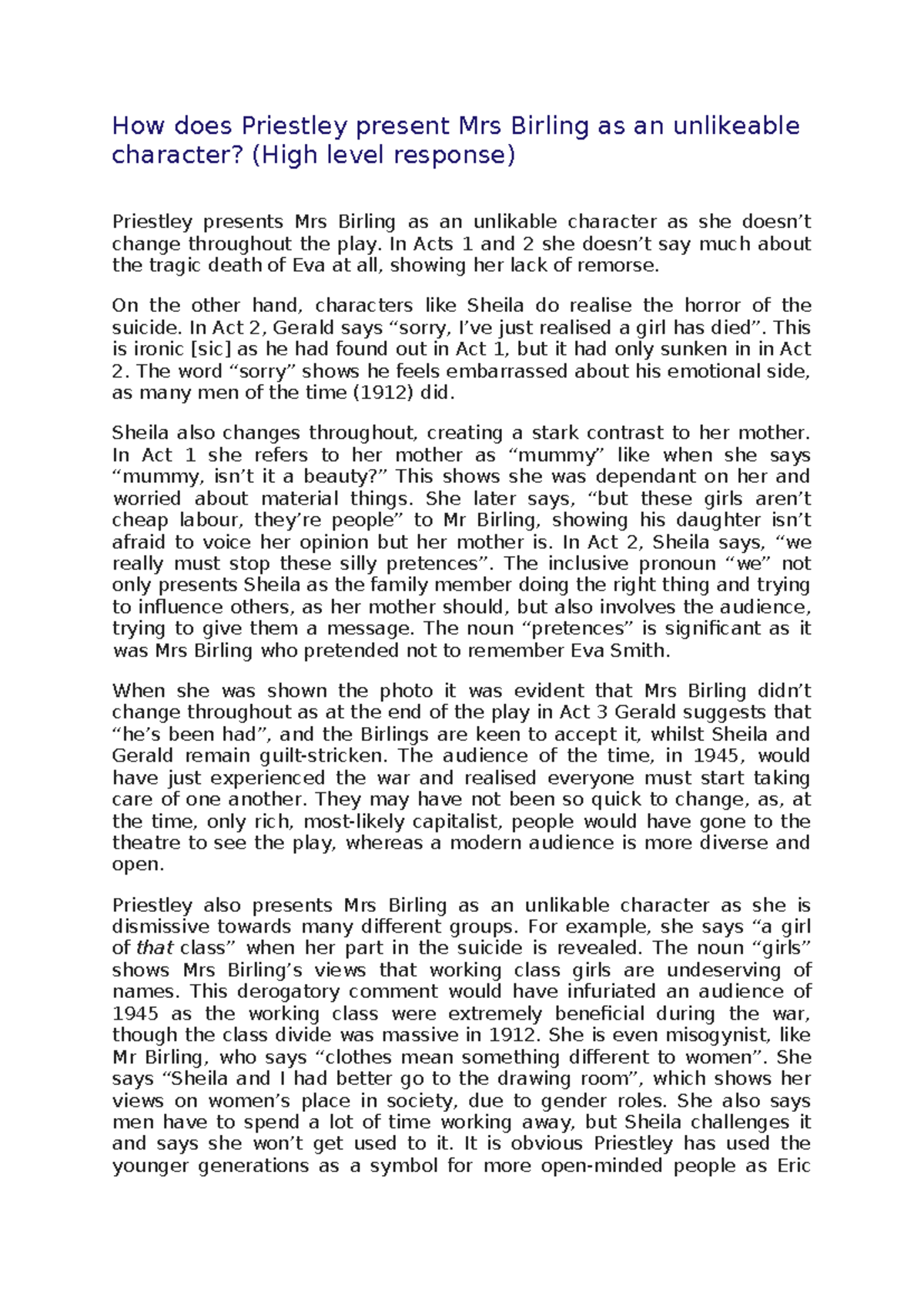 Exploring Priestley's Presentation of Mrs Birling in An Inspector Calls ...