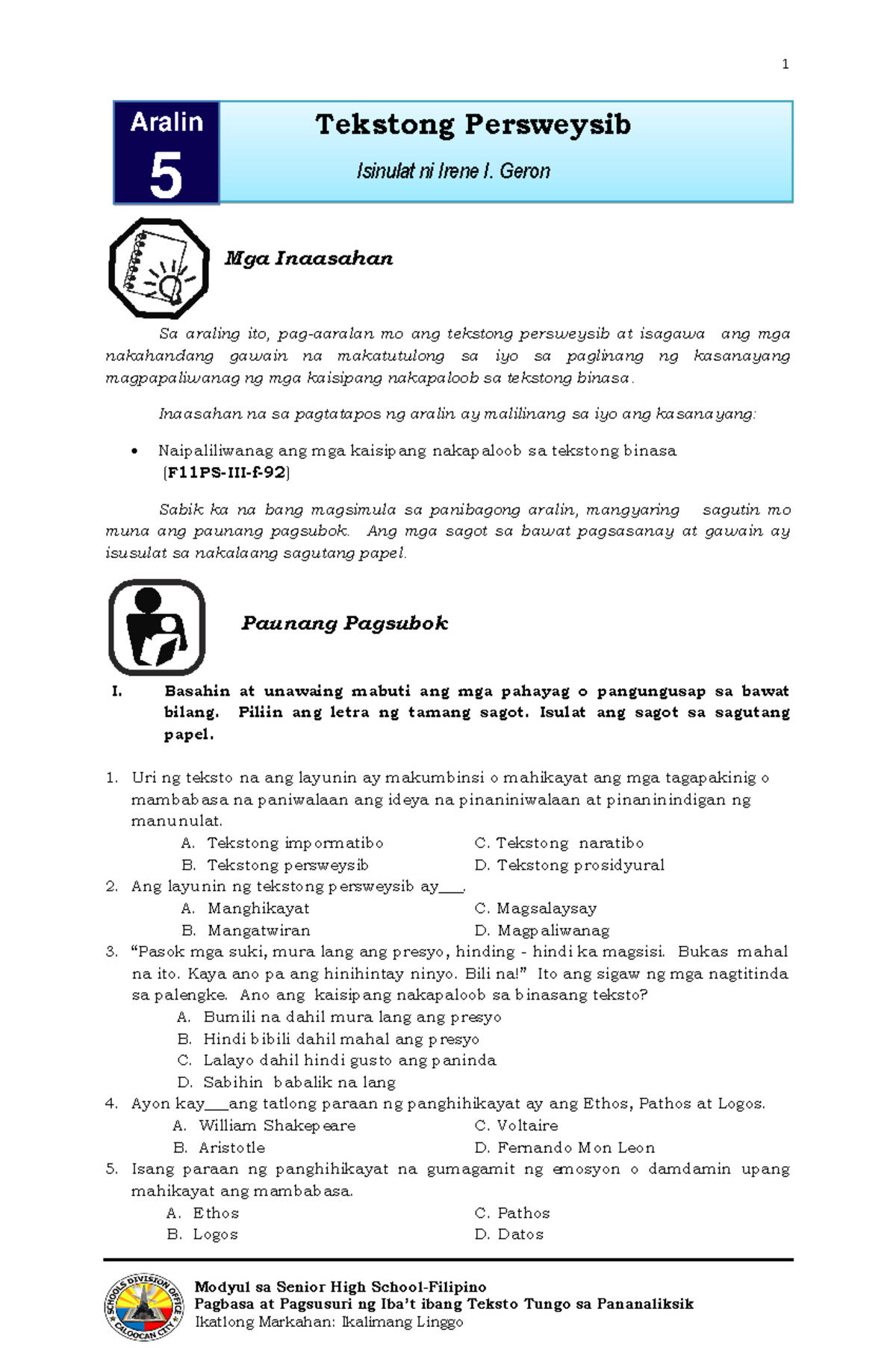 Pagbasa at Pagsusuri sa Tekstong Persweysib Filipino 11 Q3 W5 - Studocu