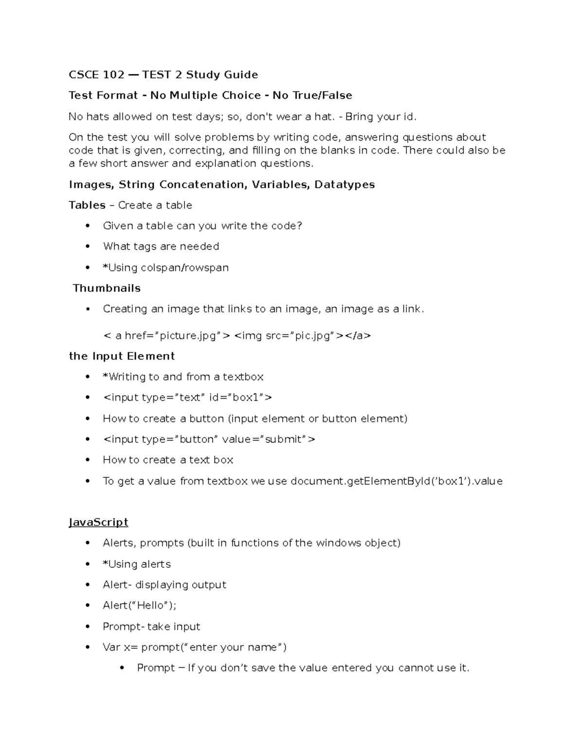 CSCE 102 - TEST 2 Study Guide: JavaScript Coding Concepts - CSCE 102 ...