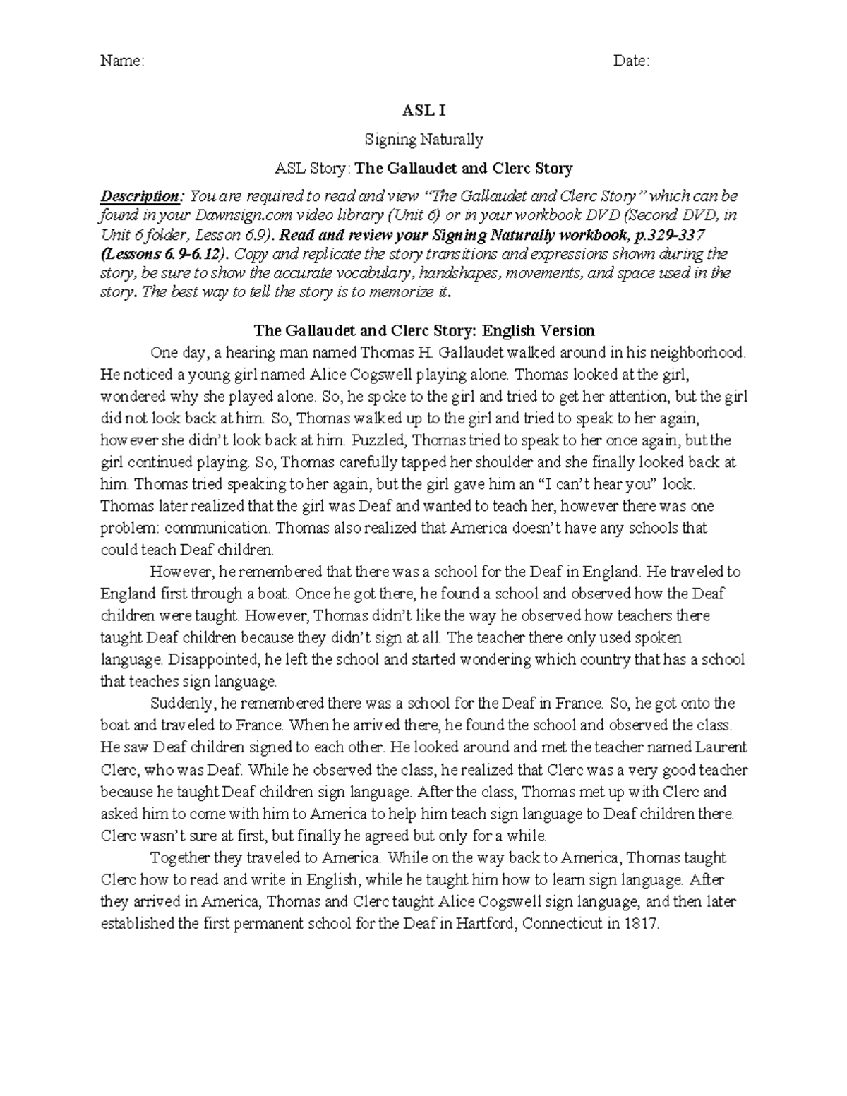 ASL I - Gallaudet & Clerc Story Analysis and Rubric (Lessons 6.9-6.12 ...