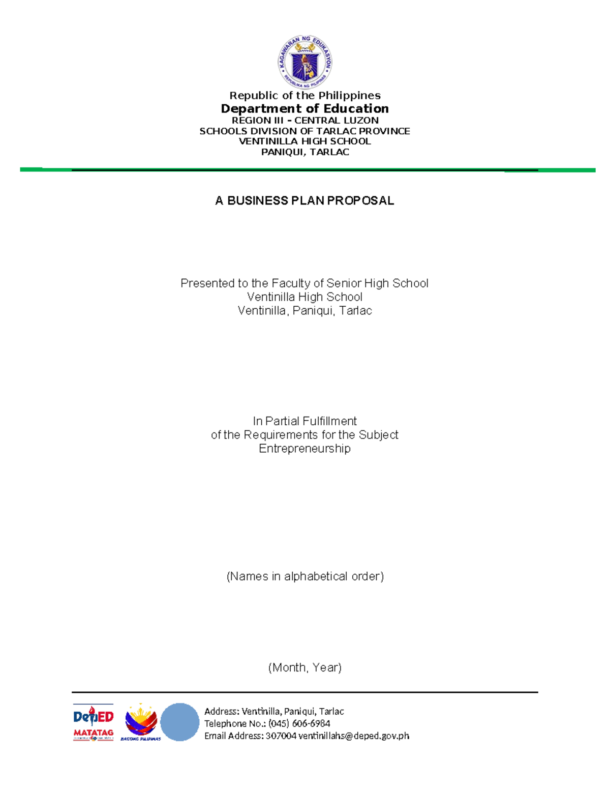 Entrepreneurship Business Plan Proposal - Ventinilla HS (Final) - Studocu