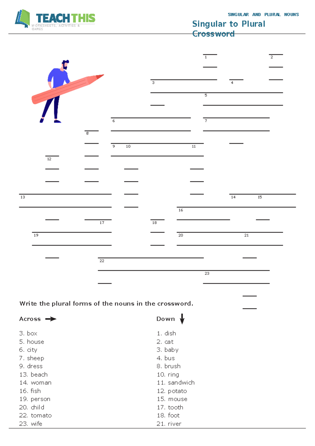 Singular to Plural Crossword Activity - Noun Transformation Worksheet ...