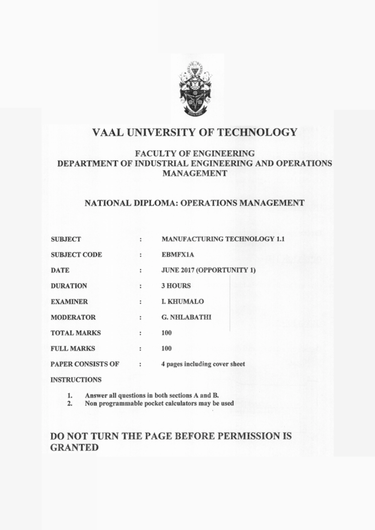 Manufacturing Technology 1.1 Ebmfx 1A June 2017 - ARTE VAAL UNIVERSITY ...