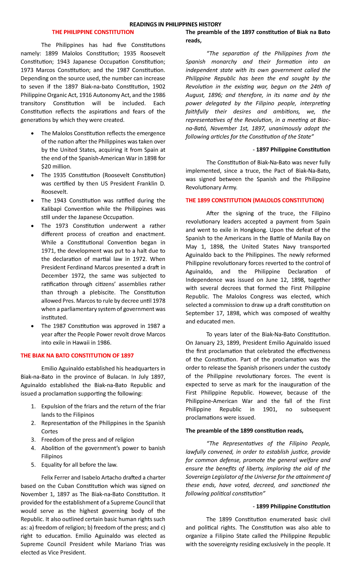 RPH - Readings on the Philippine Constitution and History - Studocu