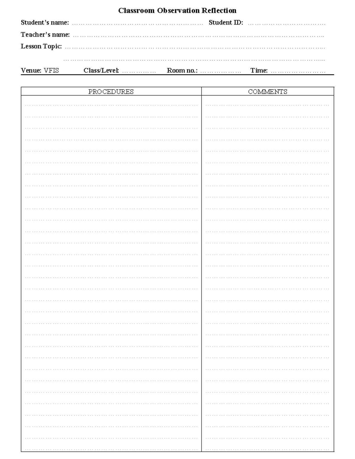 Classroom Observation Reflection Form - VFIS Procedures - Studocu