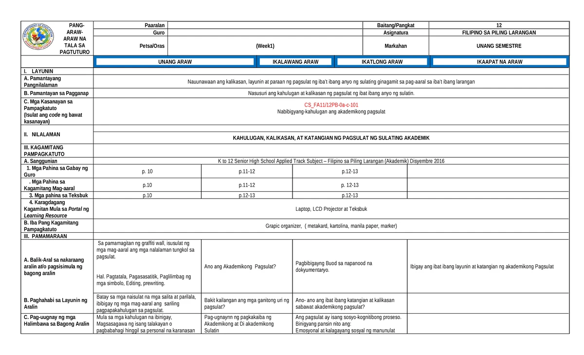 Pangatnig at Transitional Devices sa Filipino - Lesson Notes - Studocu