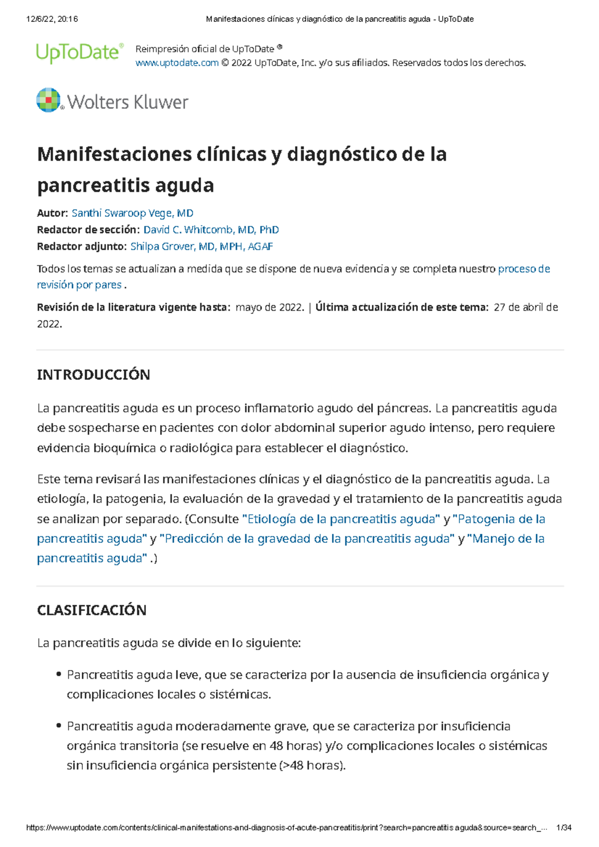 Manifestaciones clínicas y diagnóstico de la pancreatitis aguda - Up To ...