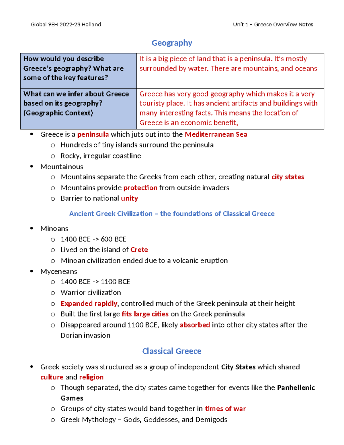 Global 9EH Unit 1 - Overview of Ancient Greek Civilization Notes ...