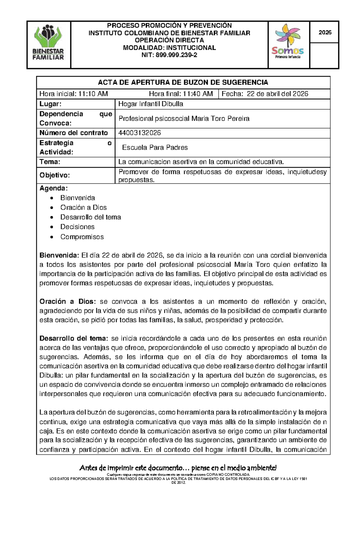 ACTA DE APERTURA DEL BUZÓN DE SUGERENCIAS - ESCUELA PARA PADRES 2026 ...