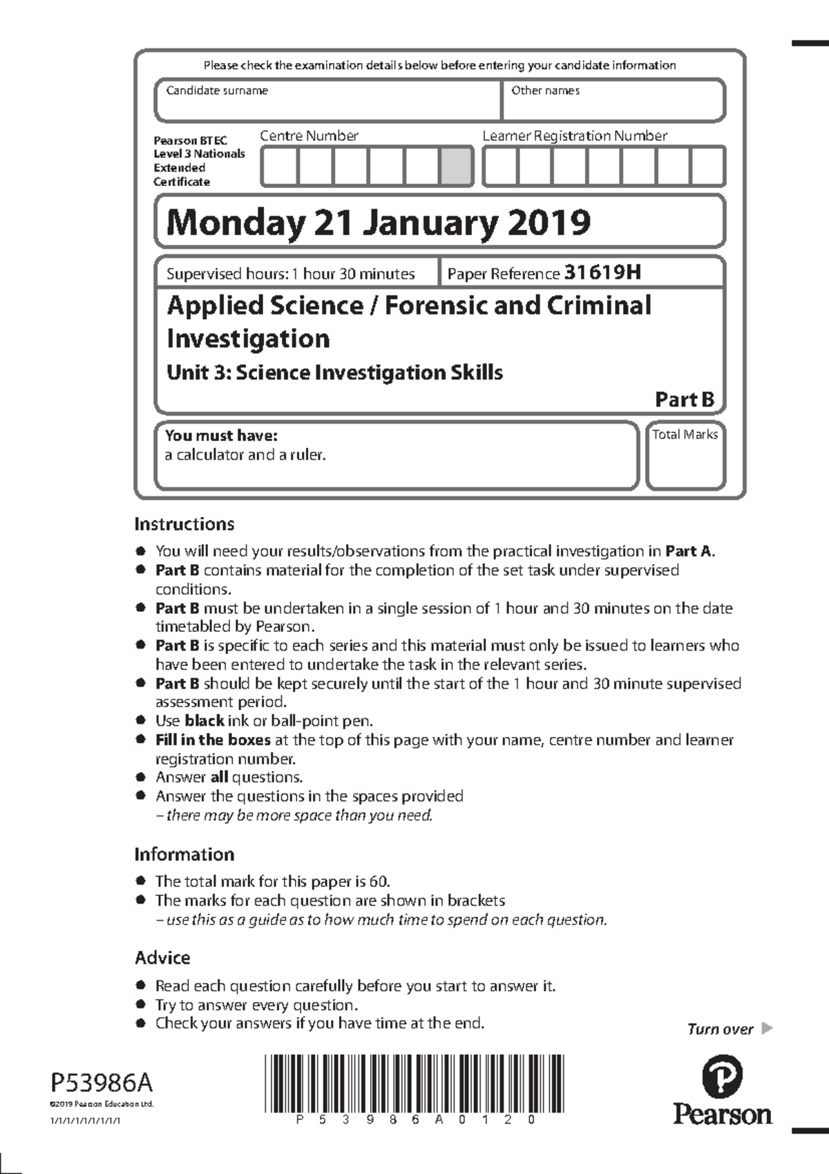 31619H - BTEC Level 3 Applied Science Unit 3 Exam Paper (Jan 2019 ...