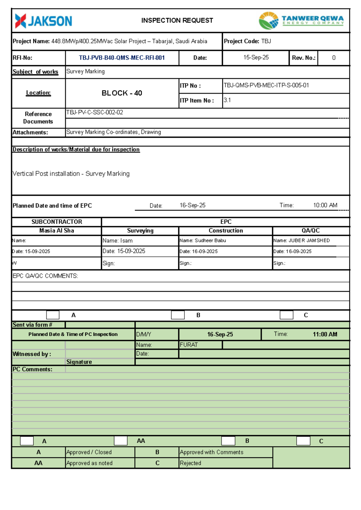 Inspection Request for Solar Project TBJ - Survey Marking Details - Studocu