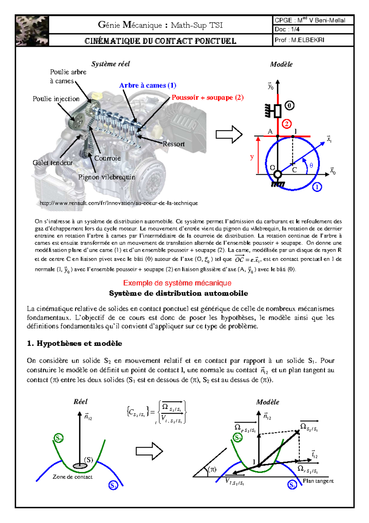 Cours 083 cinematique du contact ponctuel - Génie Mécanique : Math-Sup TSI CPGE : M V Beni ...