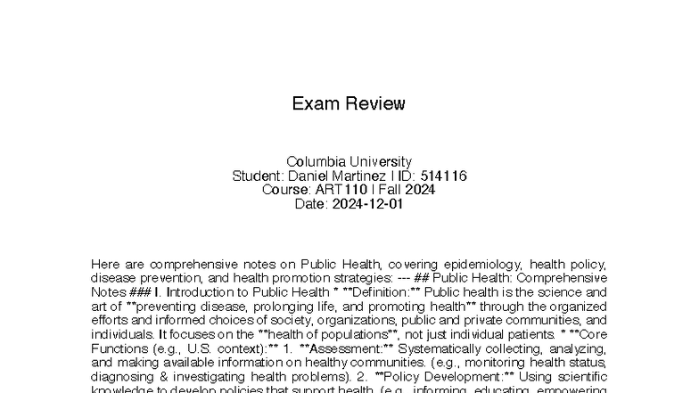 ART110 Fall 2024: Comprehensive Public Health Exam Review Notes - Studocu