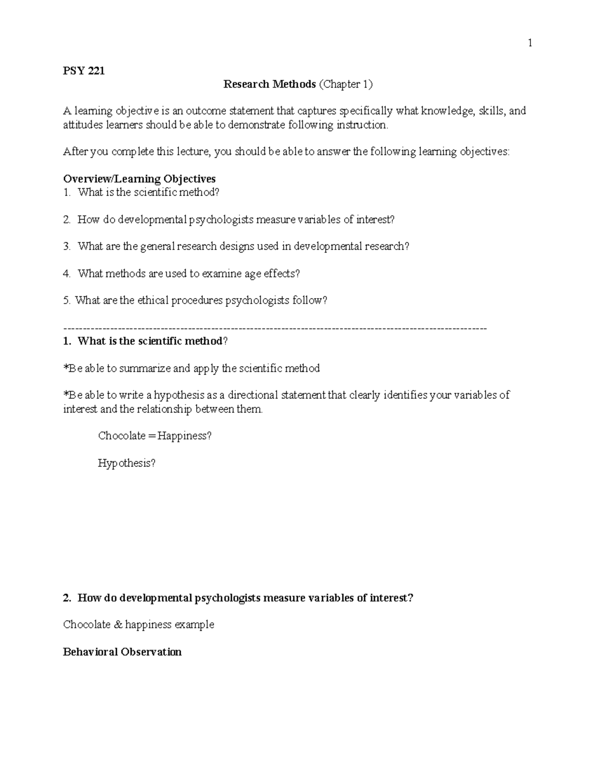 Research Methods in Developmental Psychology (PSY 221) - Ch. 1 Overview ...
