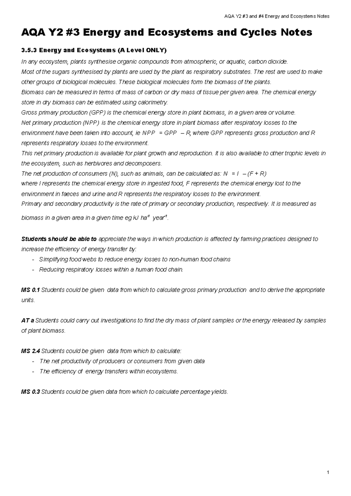 AQA Y2 Energy and Ecosystems & Nutrient Cycles Revision Notes - Studocu
