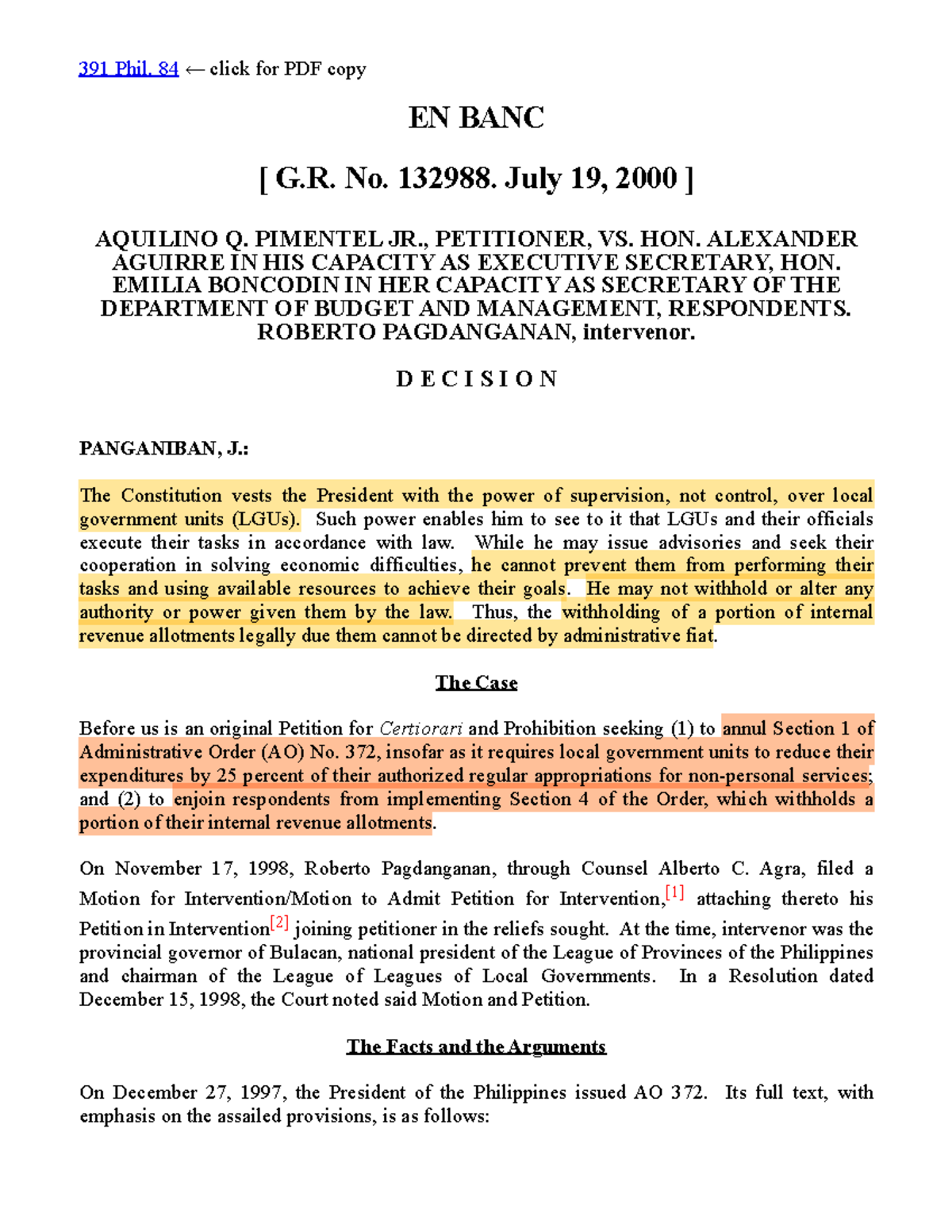 391 Phil. 84: Pimentel vs. Aguirre - Local Government Autonomy Case ...