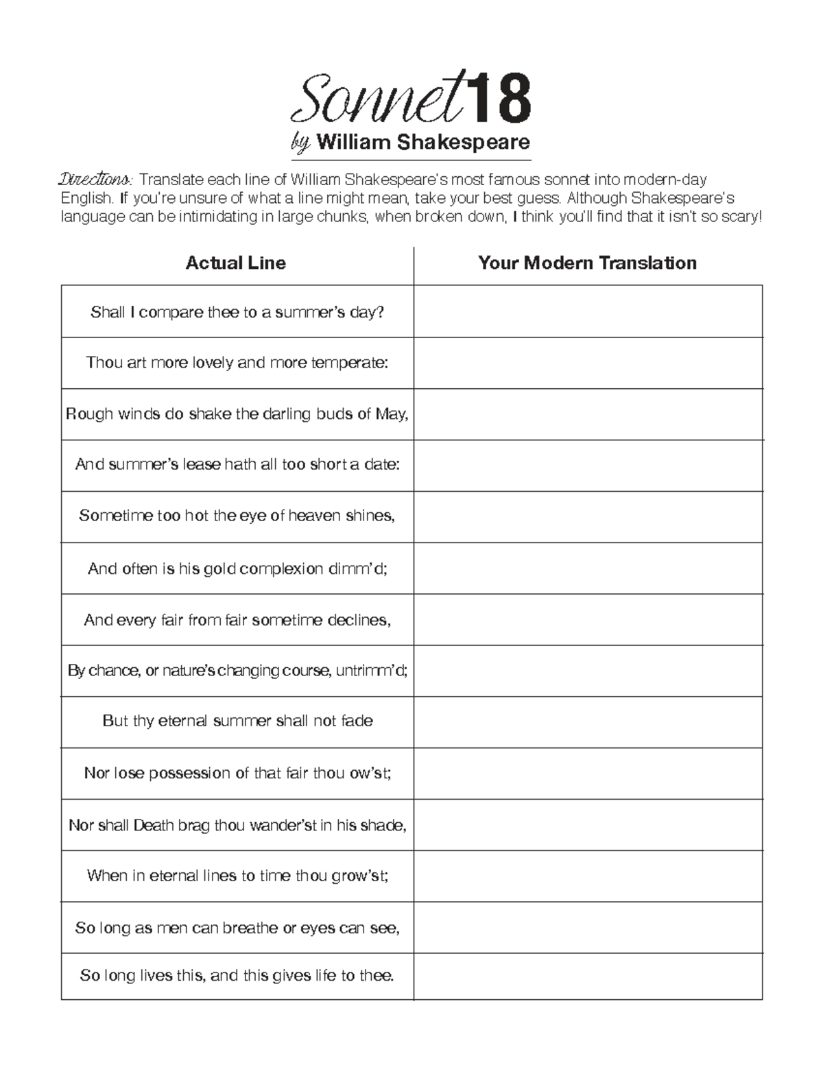 Shakespeare's Sonnet 18: Line-by-Line Translation Activity - Studocu