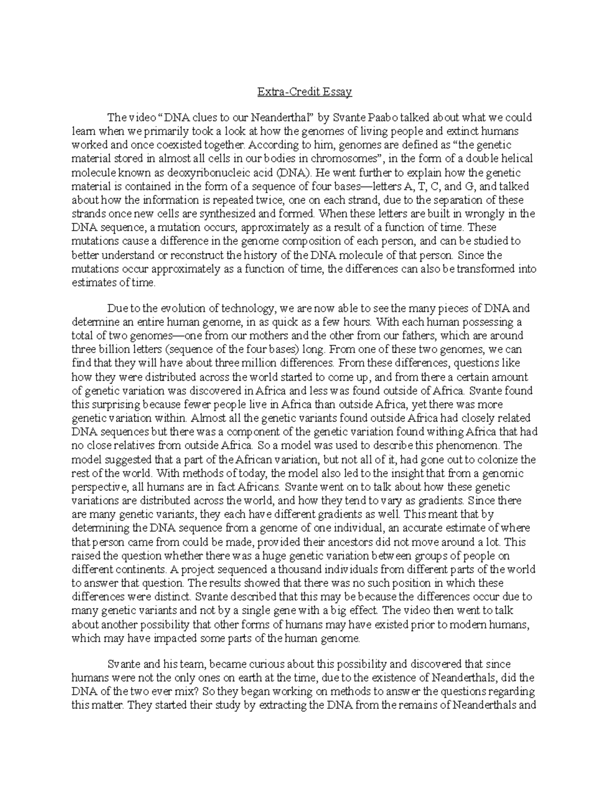 Genetic Extra Credit - Extra-Credit Essay The video “DNA clues to our ...
