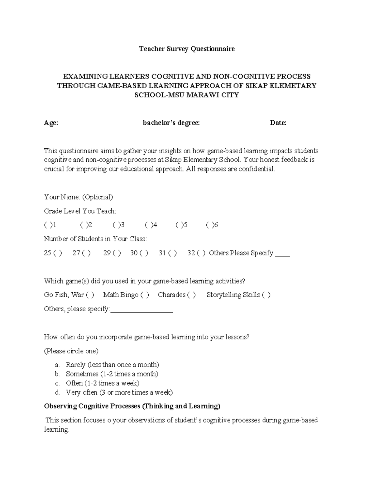 Consult Teacher Survey Questionnaire - Teacher Survey Questionnaire ...