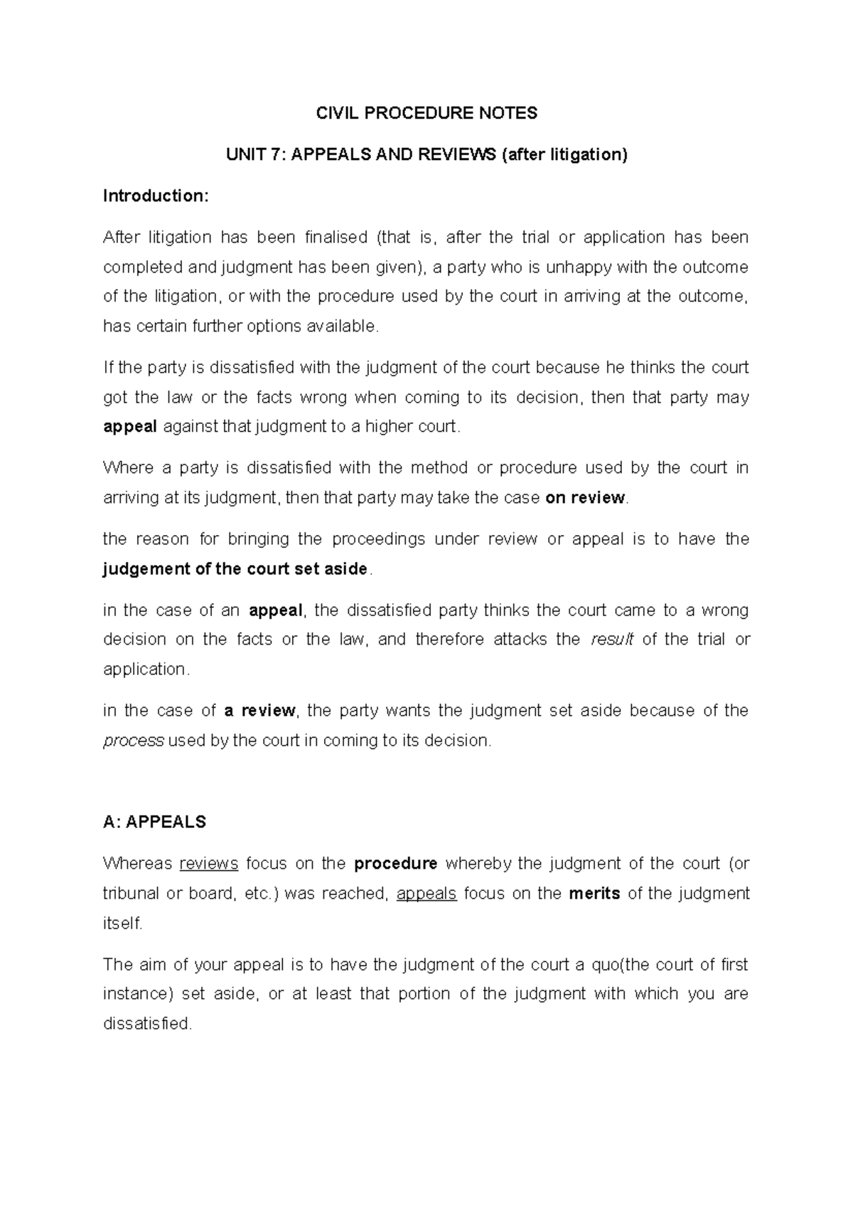 CIVIL PROCEDURE 101: NOTES ON UNIT 7 - APPEALS & REVIEWS - Studocu