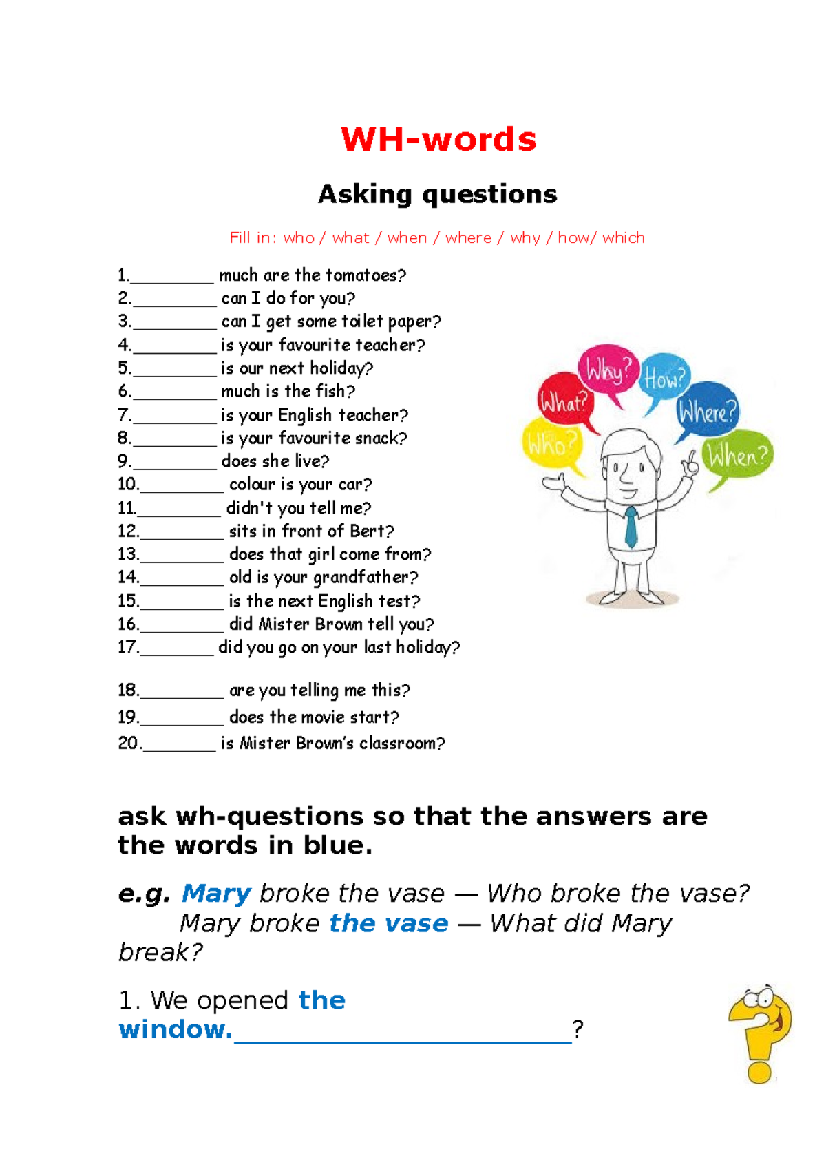 Wh-Questions Practice: Asking Who, What, When, Where, Why (ENG 101 ...