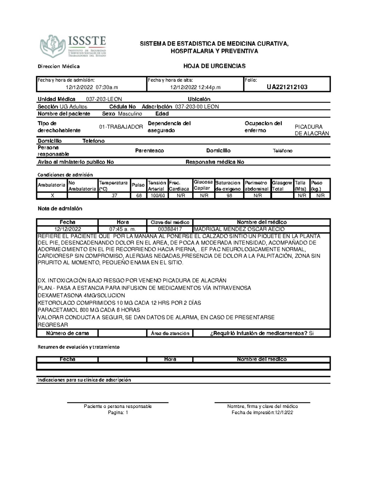 HOJA DE URGENCIAS - PACIENTE PICADURA DE ALACRÁN - ISSSTE - Studocu