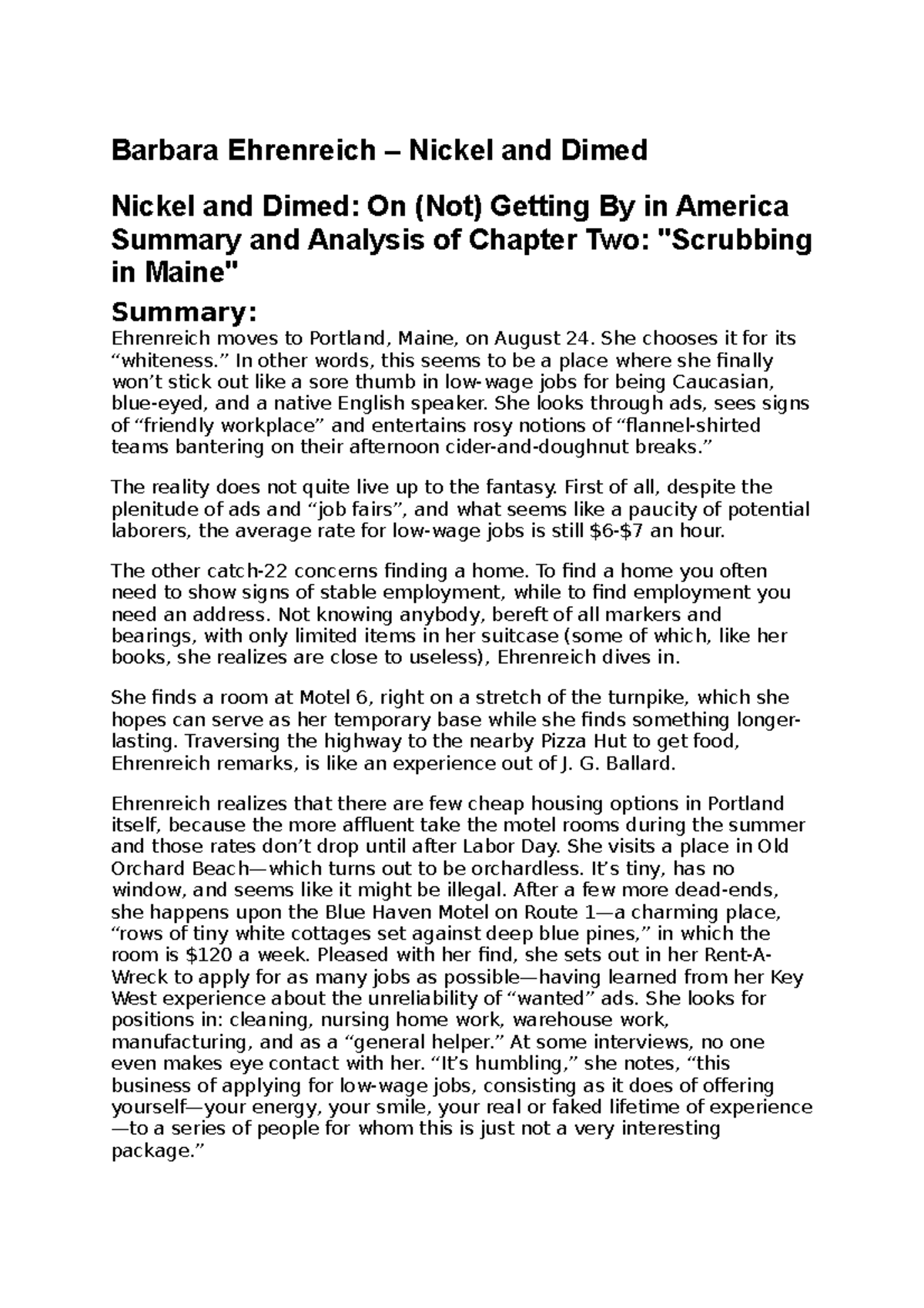 Barbara Ehrenreich - Nickel and Dimed - Chapter 2 Overview & Insights ...