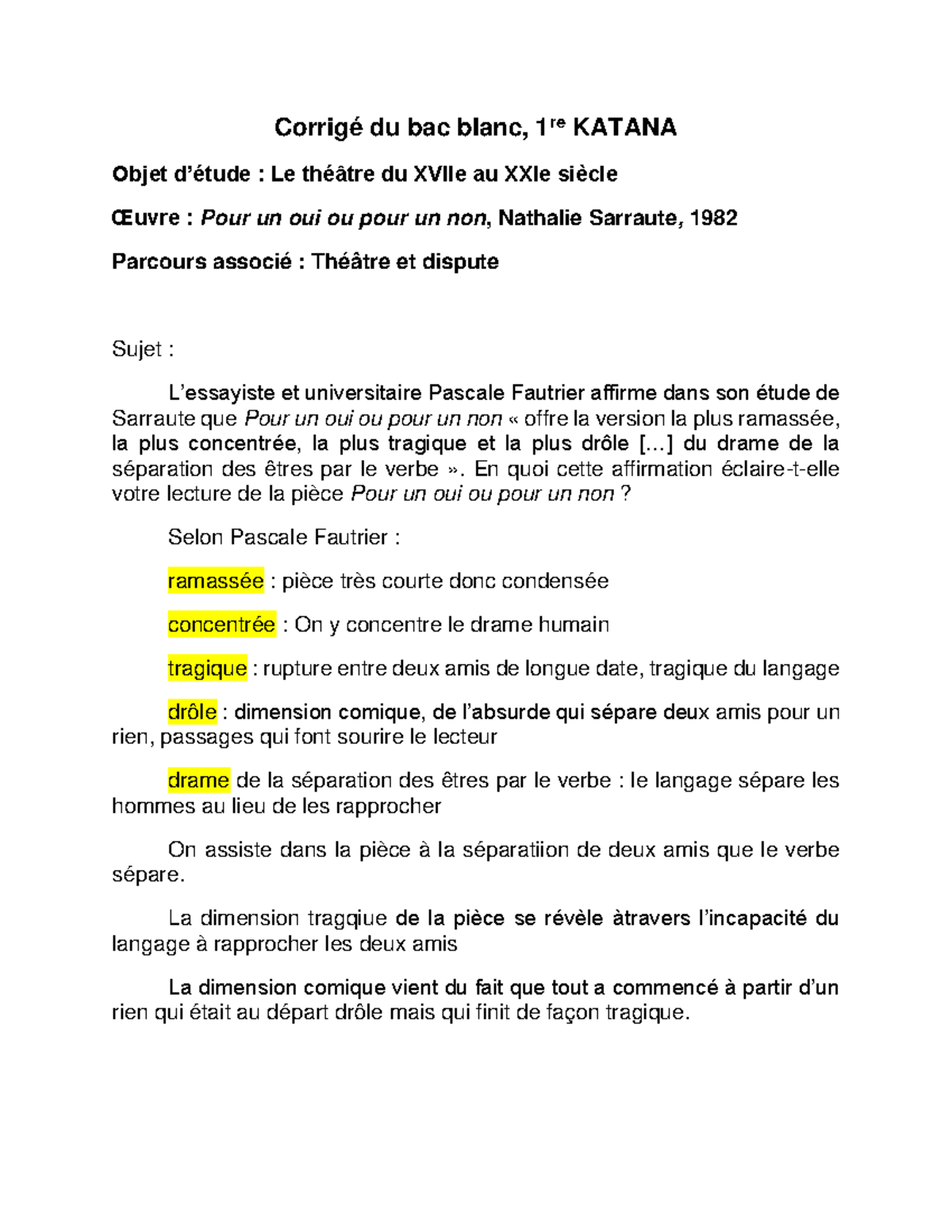 Corrigé Bac Blanc - Dissertation sur "Pour un oui ou pour un non" (1re ...