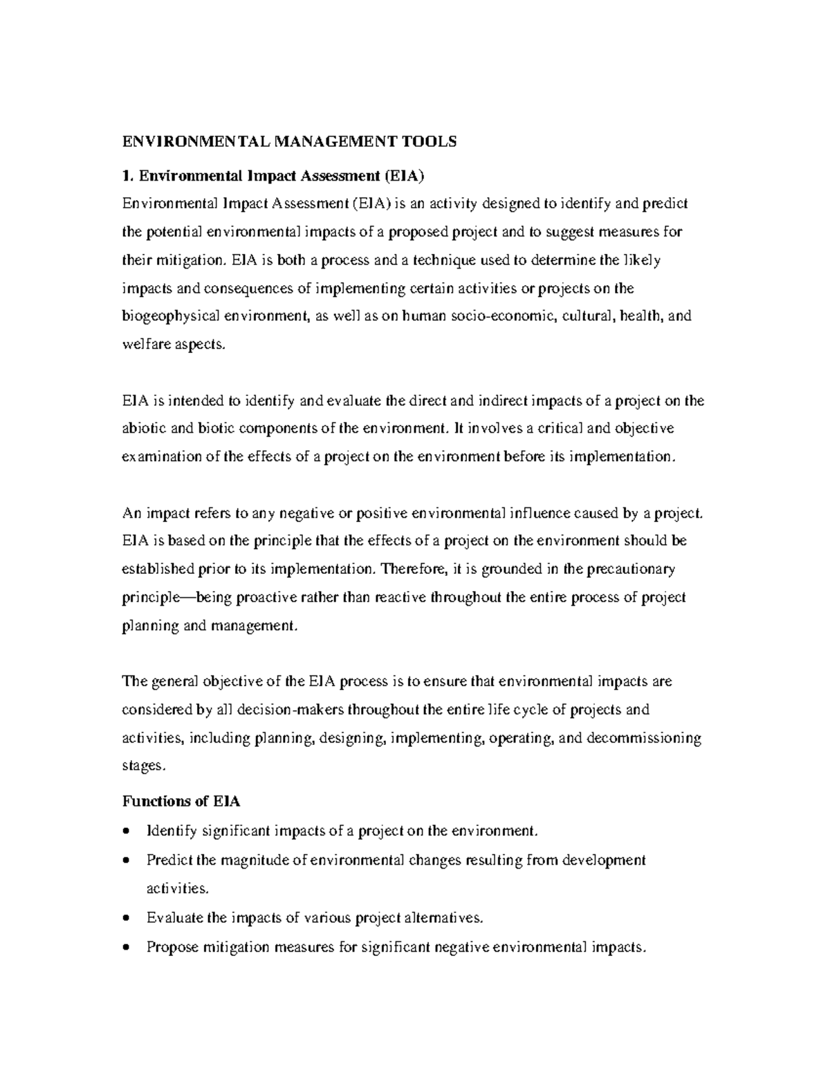 EIA and Environmental Auditing: Tools for Sustainable Management - Studocu