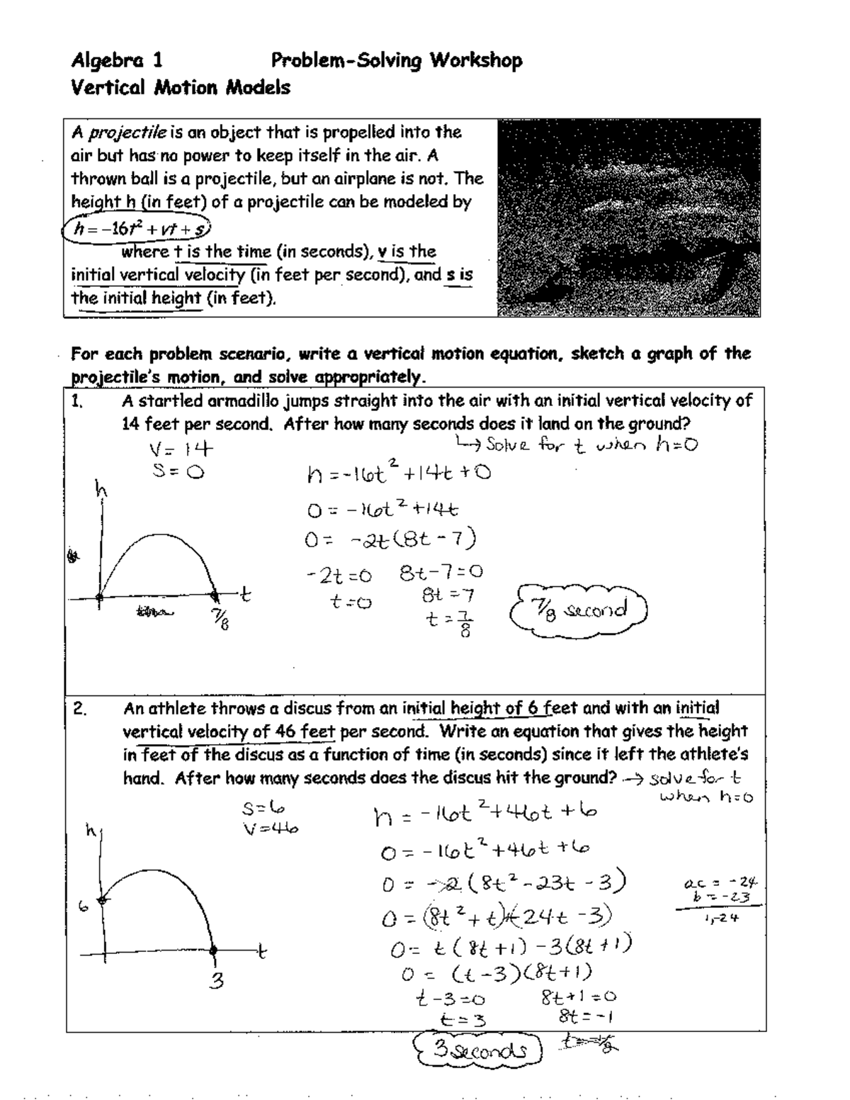 Algebra 1 Workshop: Vertical Motion Models and Projectile Motion - Studocu