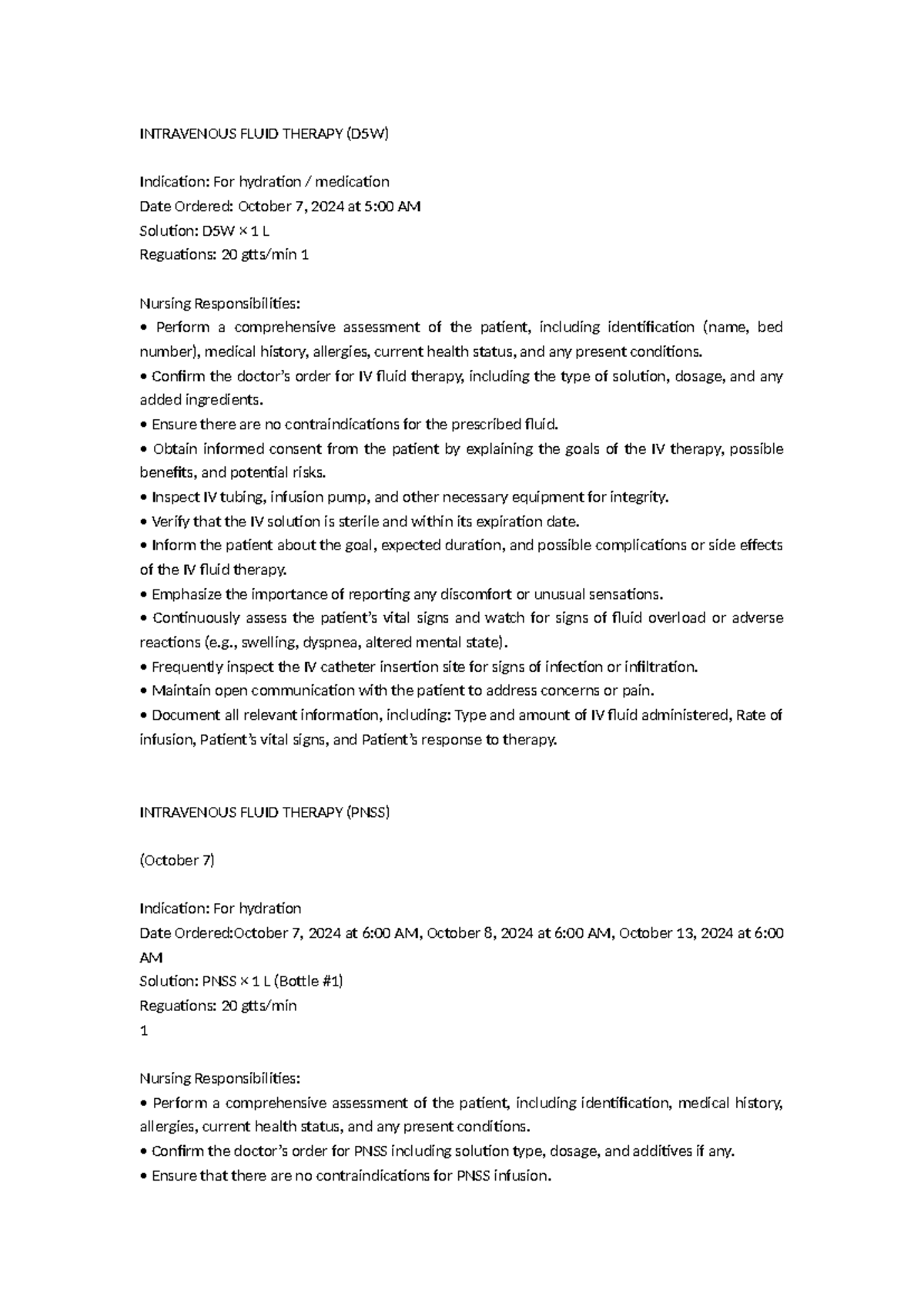 IV Fluid Therapy Guidelines: D5W & PNSS (Oct 2024) - Studocu