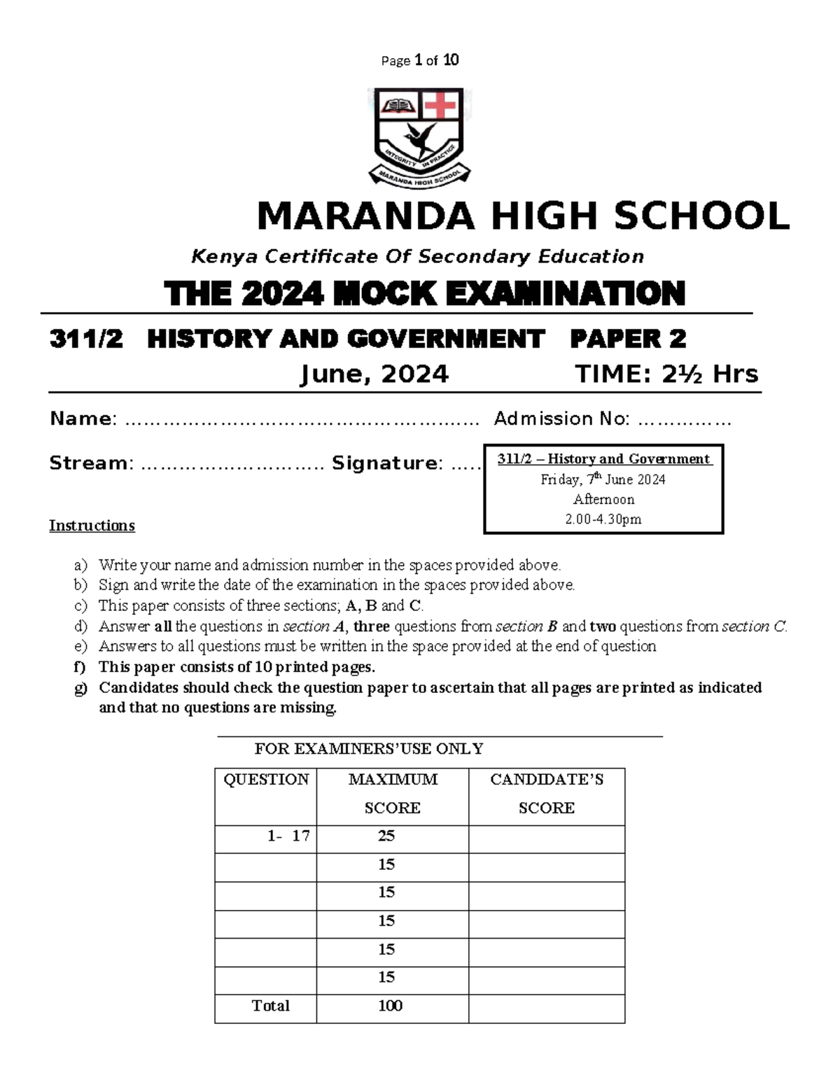 History MOCK PP2 2024 QP - MARANDA HIGH SCHOOL Kenya Certificate Of Secondary Education THE 2024 ...