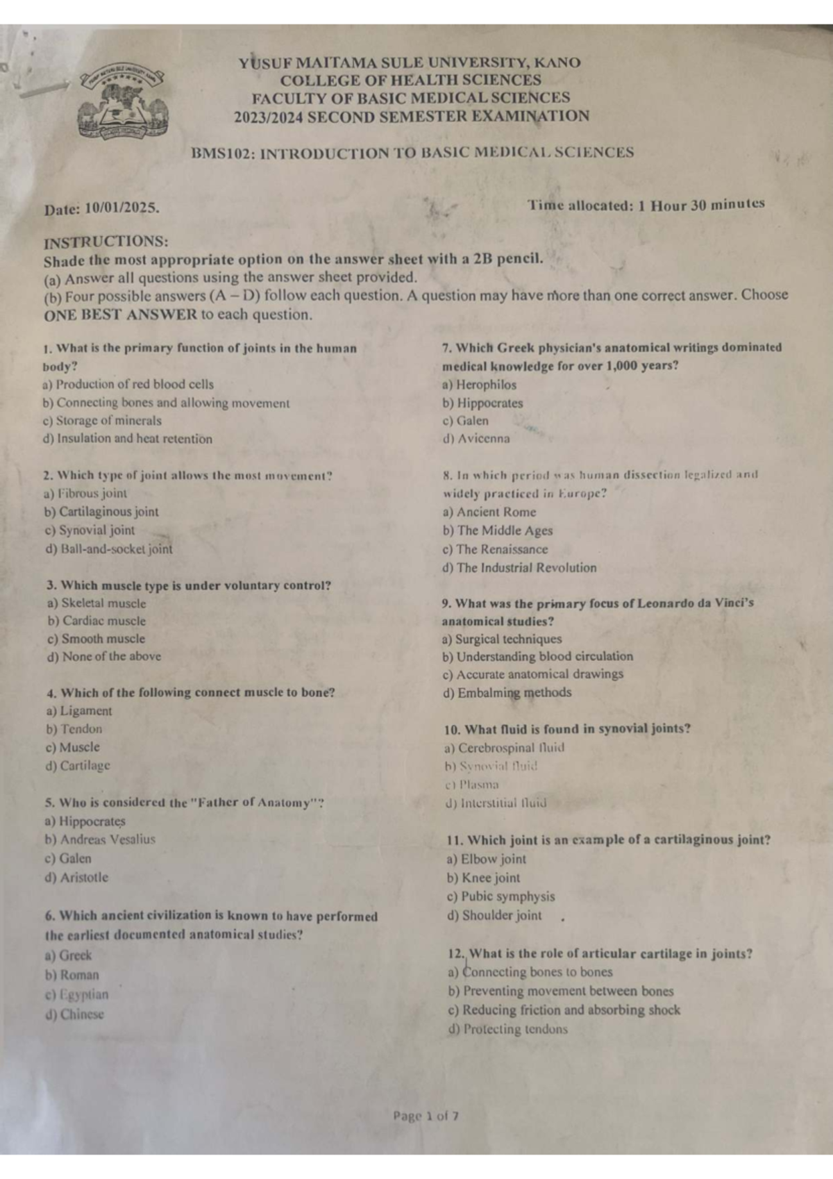BMS102: Introduction to Basic Medical Sciences - Second Semester Exam ...