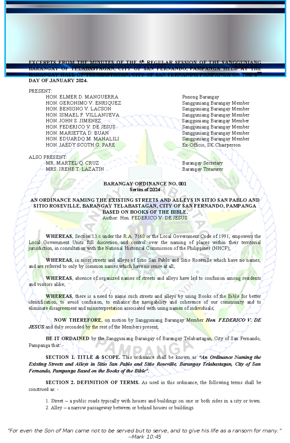 Ordinance 2024-001: Naming Streets in Barangay Telabastagan - Studocu