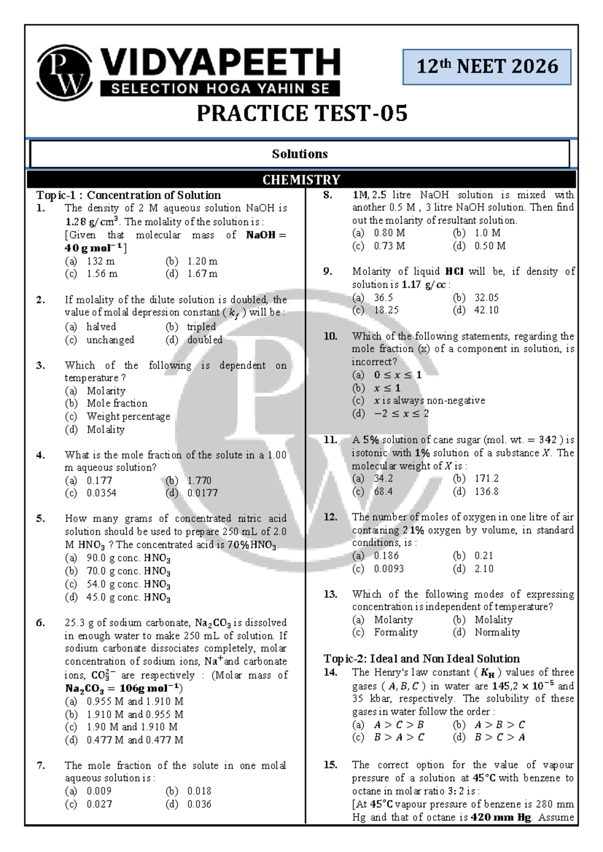 12th NEET 2026 Practice Test-05 Solutions: Chemistry Concentration ...