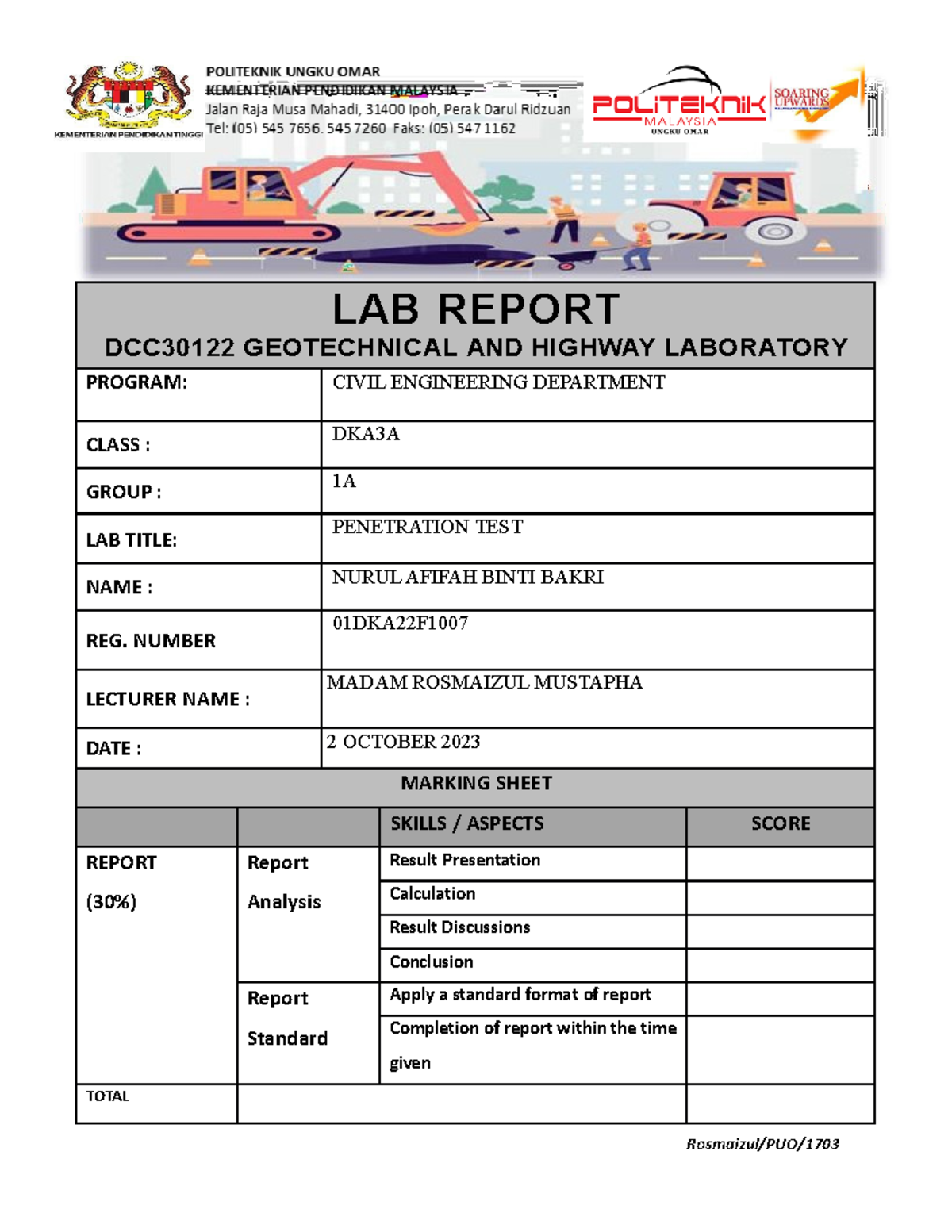 DCC30122 Penetration Test Lab Report - Civil Engineering DKA3A - Studocu