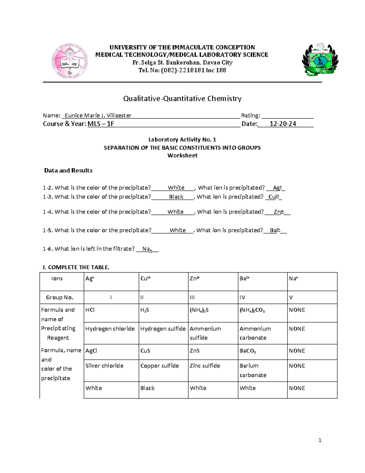 MLS 1F Qualitative-Quantitative Chemistry Lab Activity Worksheet - Studocu