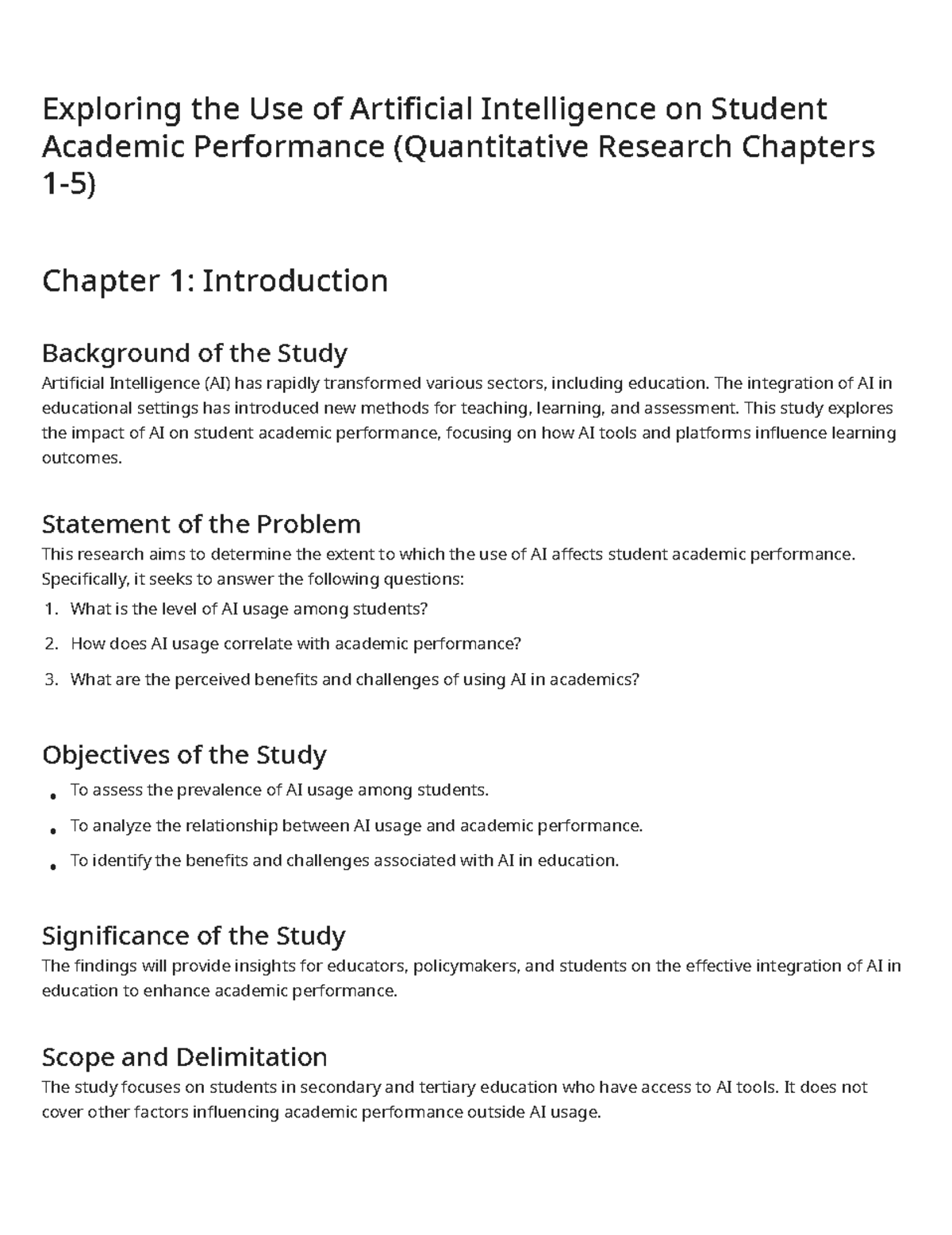 AI Impact on Student Performance: Quantitative Research Chapters 1-5 ...